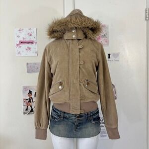 Jackets & Coats | Y2k Tan Corduroy Faux Fur Hooded Bomber Jacket | Poshmark